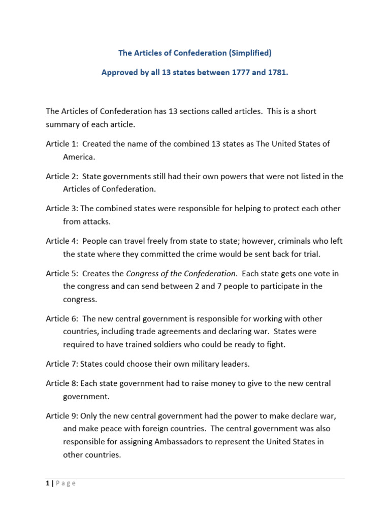 Simplified Overview of Articles of Confederation | PDF | American ...