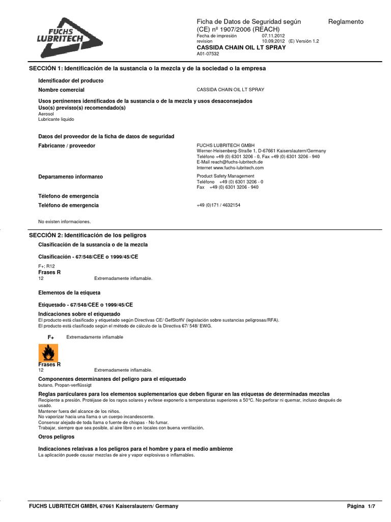Cassida Chain Oil LT Spray MSDS | PDF
