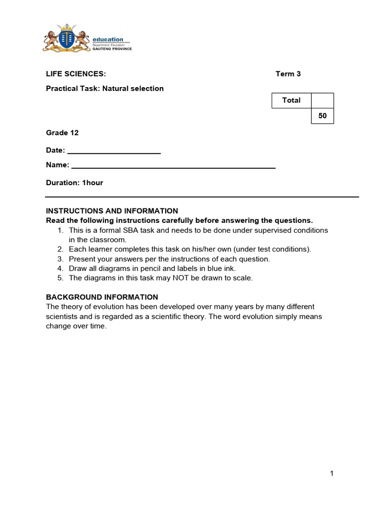 Grade 12 Term 3 Practical: Natural Selection | PDF | Evolution | Species