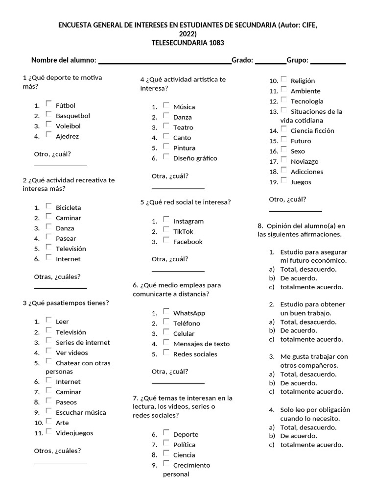 Encuesta General de Intereses Secundaria 2025 | PDF
