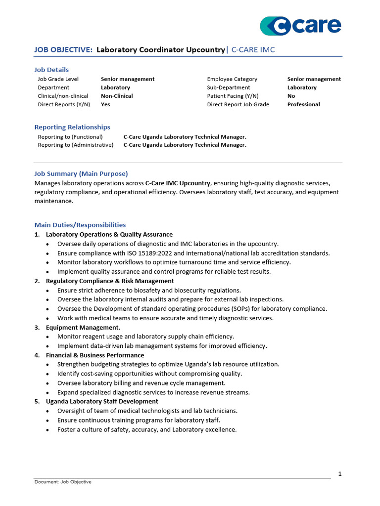 Laboratory Coordinator Job Overview | PDF | Laboratories | Medical ...
