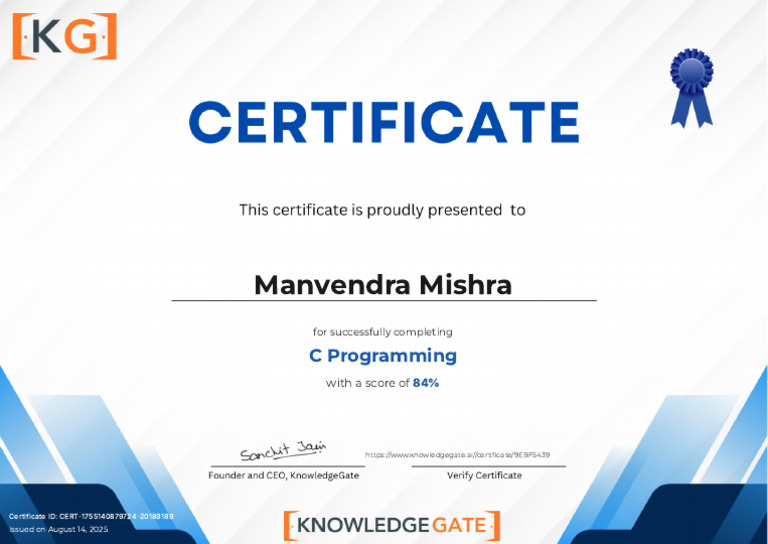 C Programming Certificate - Manvendra Mishra | PDF
