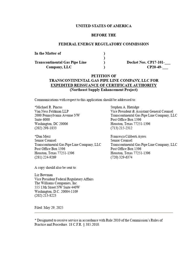 Transco's NESE Project Certificate Petition | PDF | Federal Energy ...