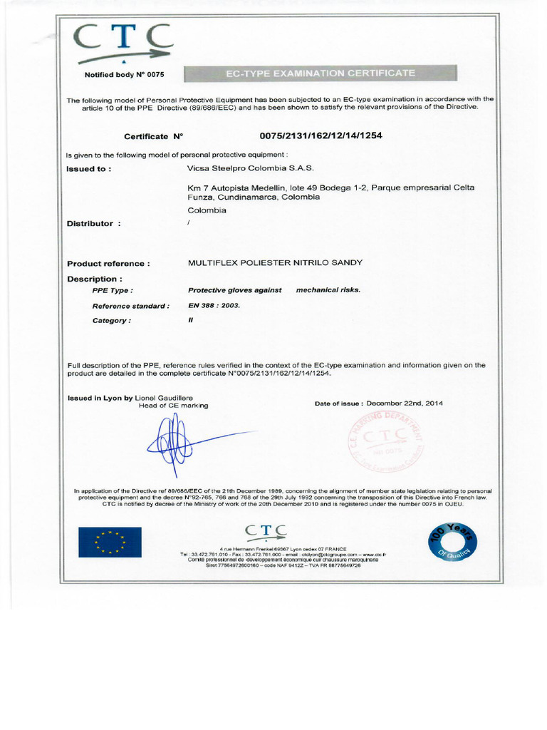 Multiflex Sandy Nitrilo CTC Certificate | PDF