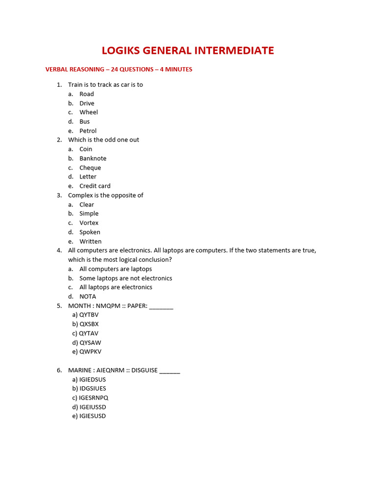 Logiks General Intermediate Test | PDF