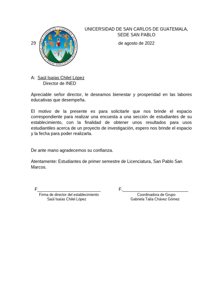 Firma de Director Del Establecimiento Coordinadora de Grupo Saúl Isaías ...