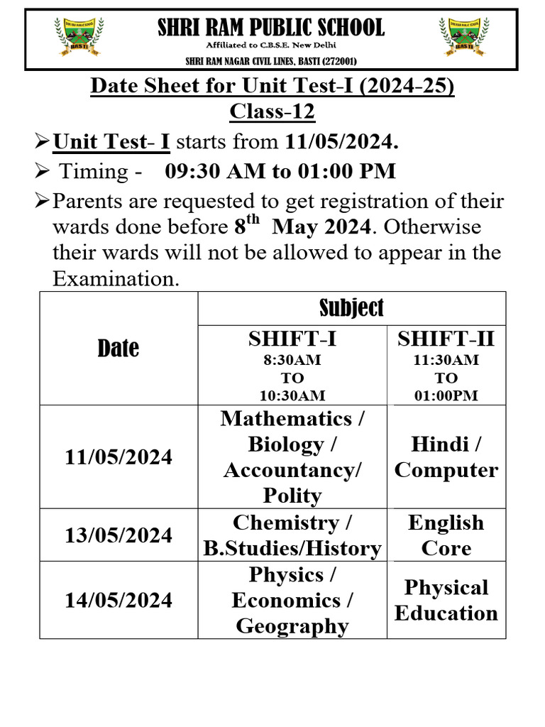 Class 12 Unit Test-I Date Sheet 2024 | PDF