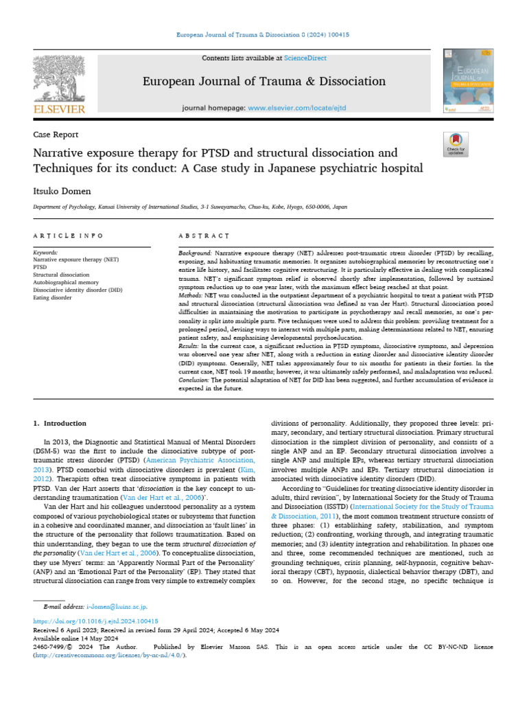 Narrative Exposure Therapy For PTSD and Structural Diss 2024 European ...