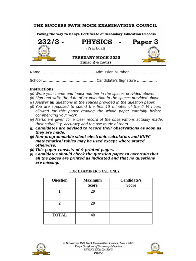Success Feb 2025 Physics Pp3 Qs | PDF | Equipment