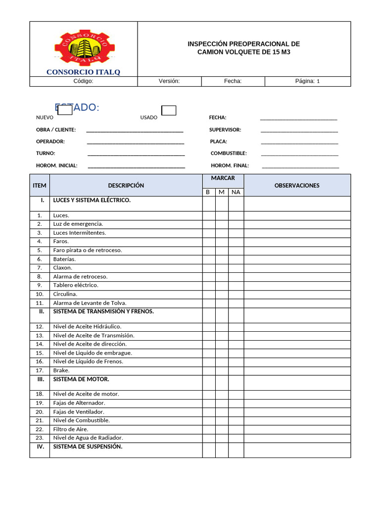 Checklist de Camión Volquete | PDF | Camión | Tecnología de vehículos