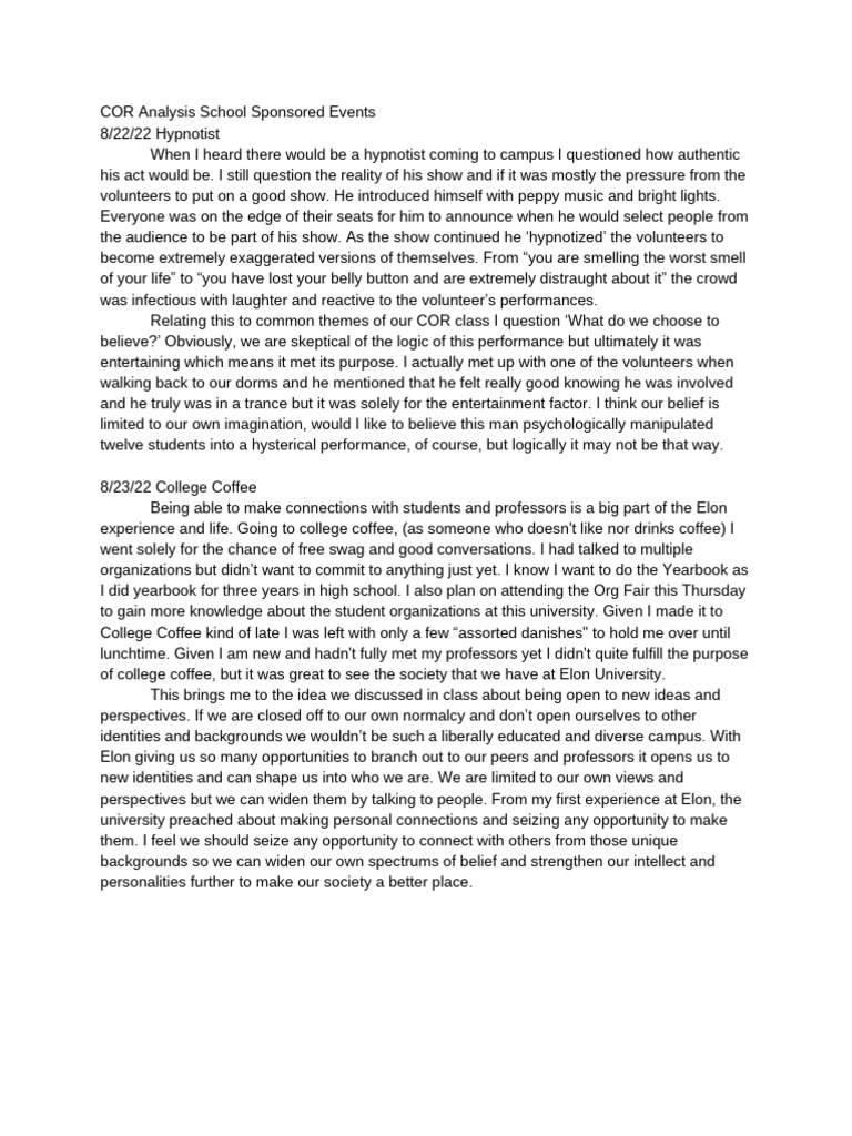 COR Analysis School Sponsored Events | PDF | Hypnosis | Fraternities ...