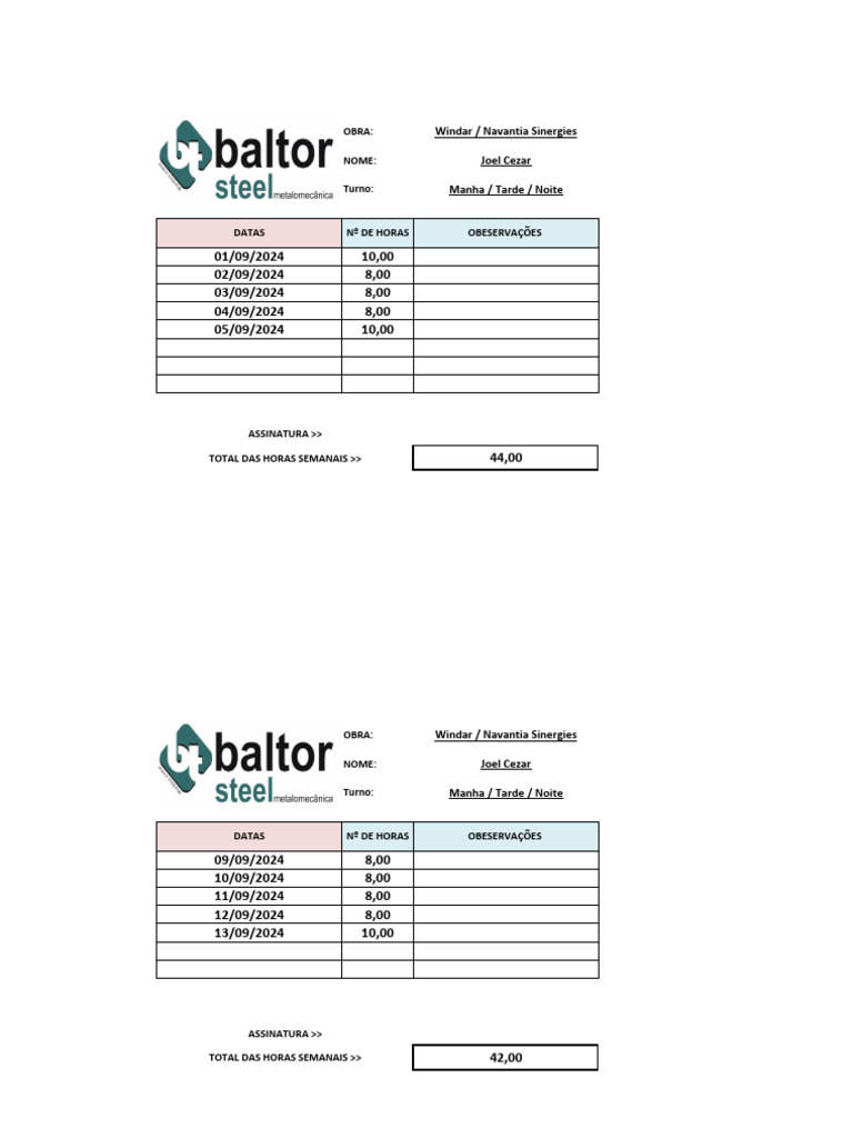 Folha de Ponto Semanal Baltor Setembro(2) | PDF