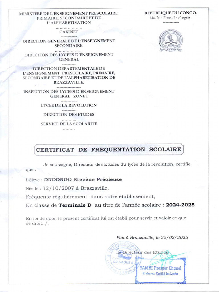 Certificat de Frequentation Scolaire | PDF