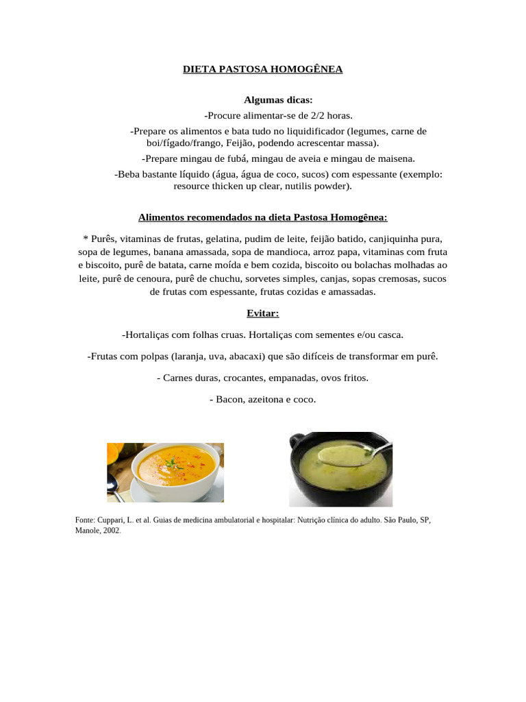 Dieta Pastosa Homogênea: Dicas e Alimentos | PDF