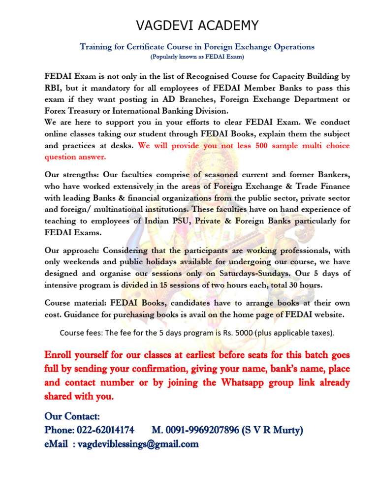 FEDAI Exam Prep Course at Vagdevi Academy | PDF