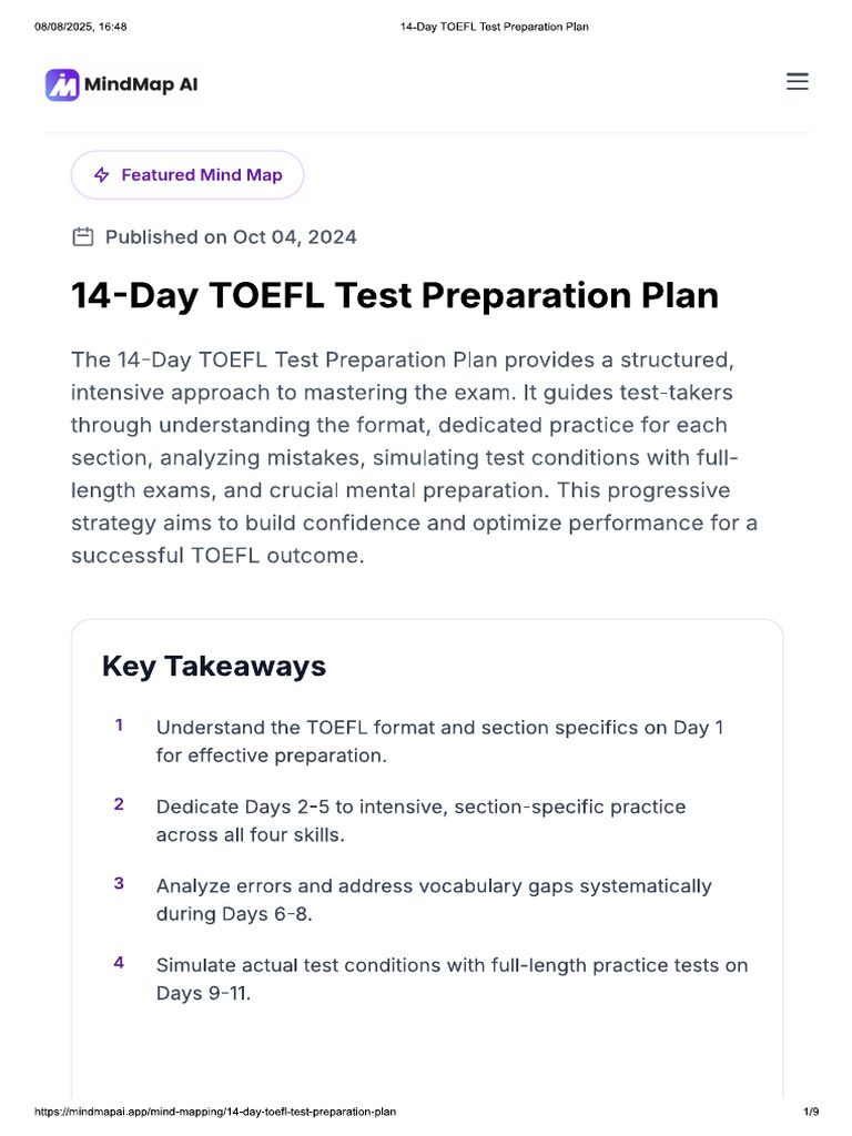 14-Day TOEFL Test Preparation Plan | PDF