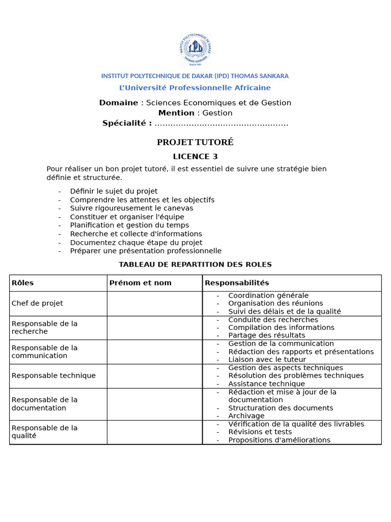 Guide pour un Projet Tutoré en Gestion | PDF