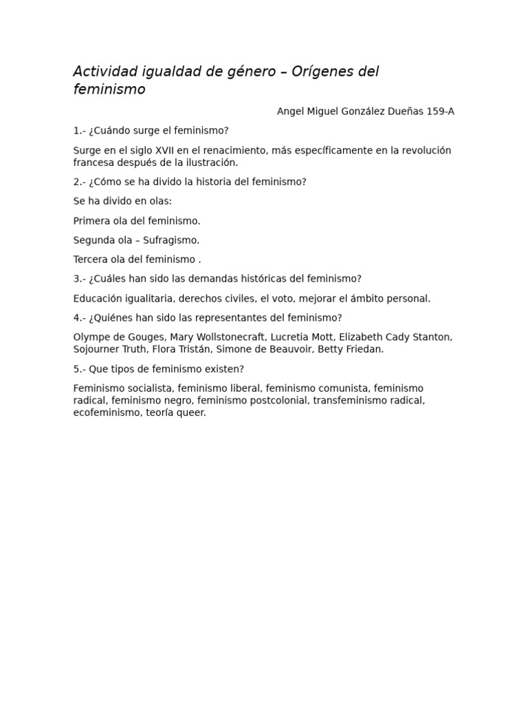 Actividad Igualdad de Género - Origenes Del Feminismo. Angel | PDF
