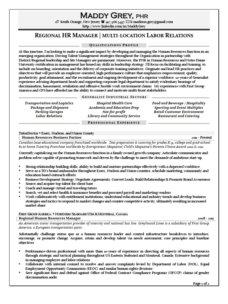 Human Resources Business Partner Labor Relations in NYC Resume Maddy ...
