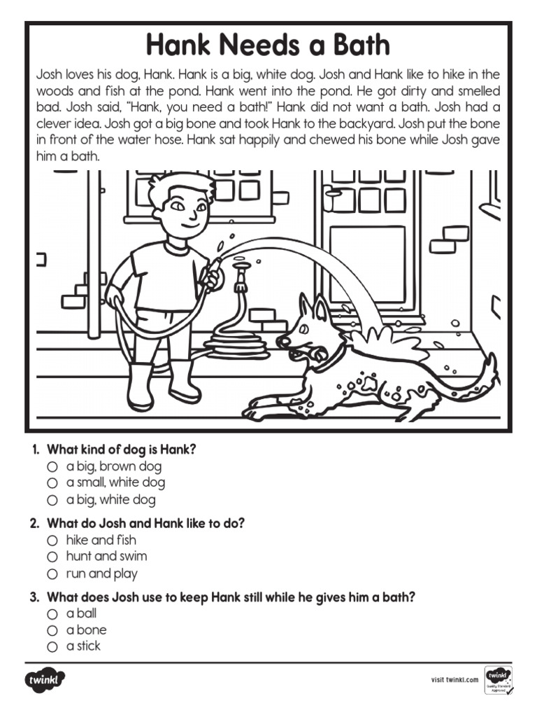 BW Hank Needs A Bath Reading Passage Comprehension Activity | PDF