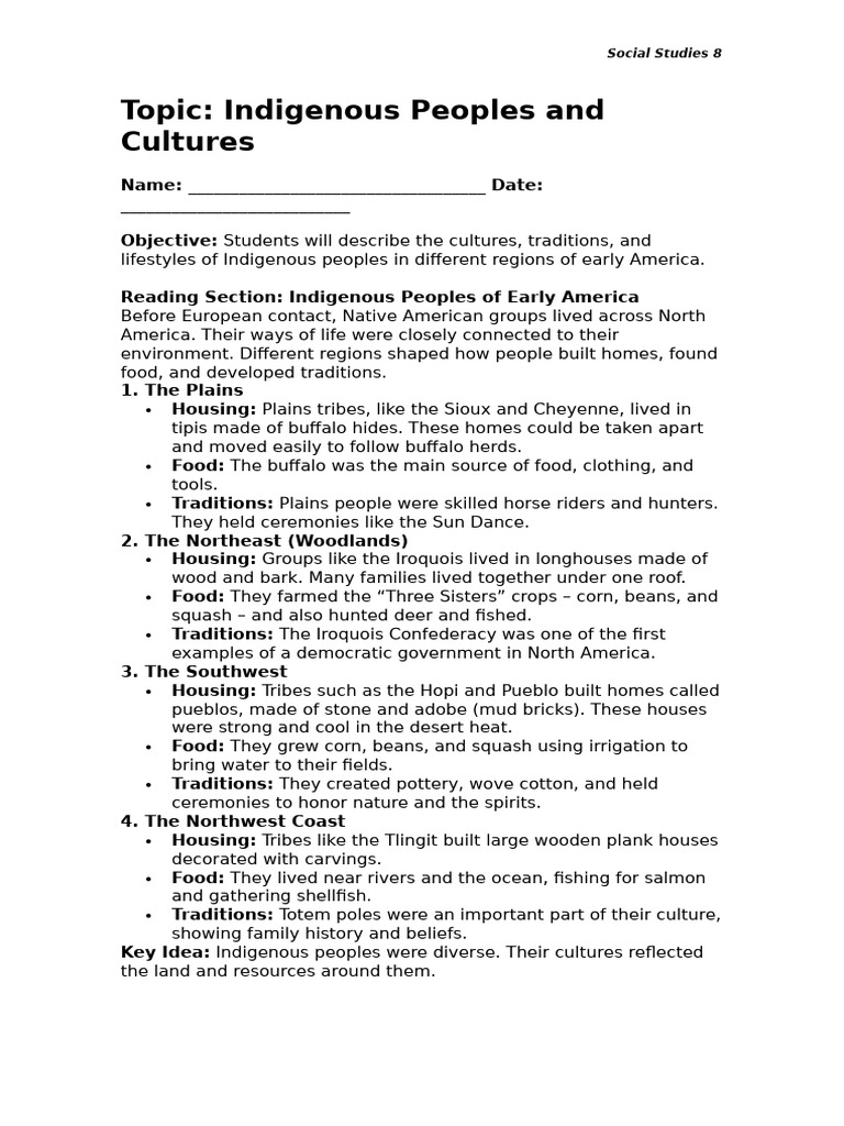 Native American Cultures Worksheet | PDF | Native Americans In The ...