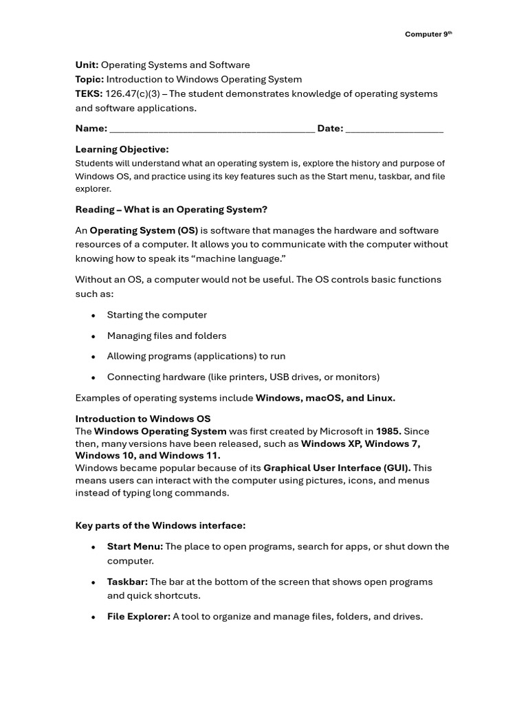 Operating Systems and Software - Worksheet 9th | PDF | Operating System ...