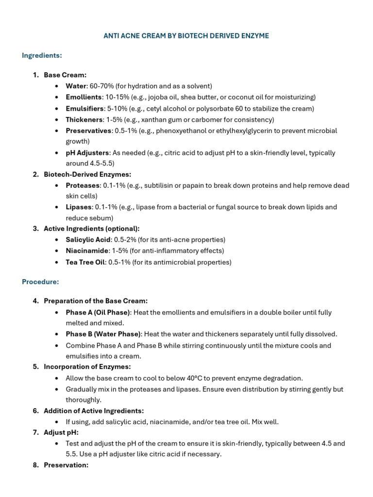 Biotech Anti-Acne Cream Recipe Guide | PDF