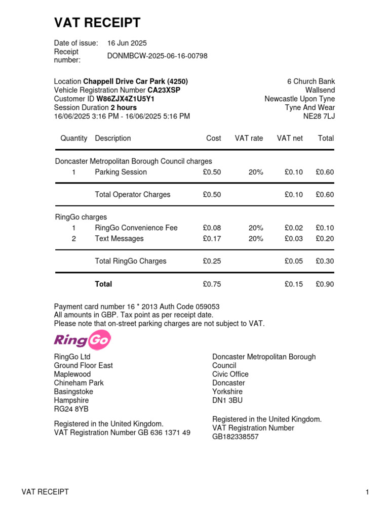 RingGo VAT Parking Receipt - Wallsend | PDF