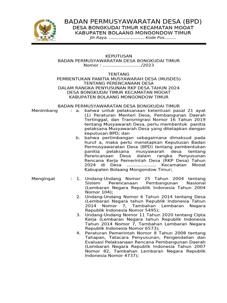 Pembentukan Panitia Musdes RKP 2024 | PDF