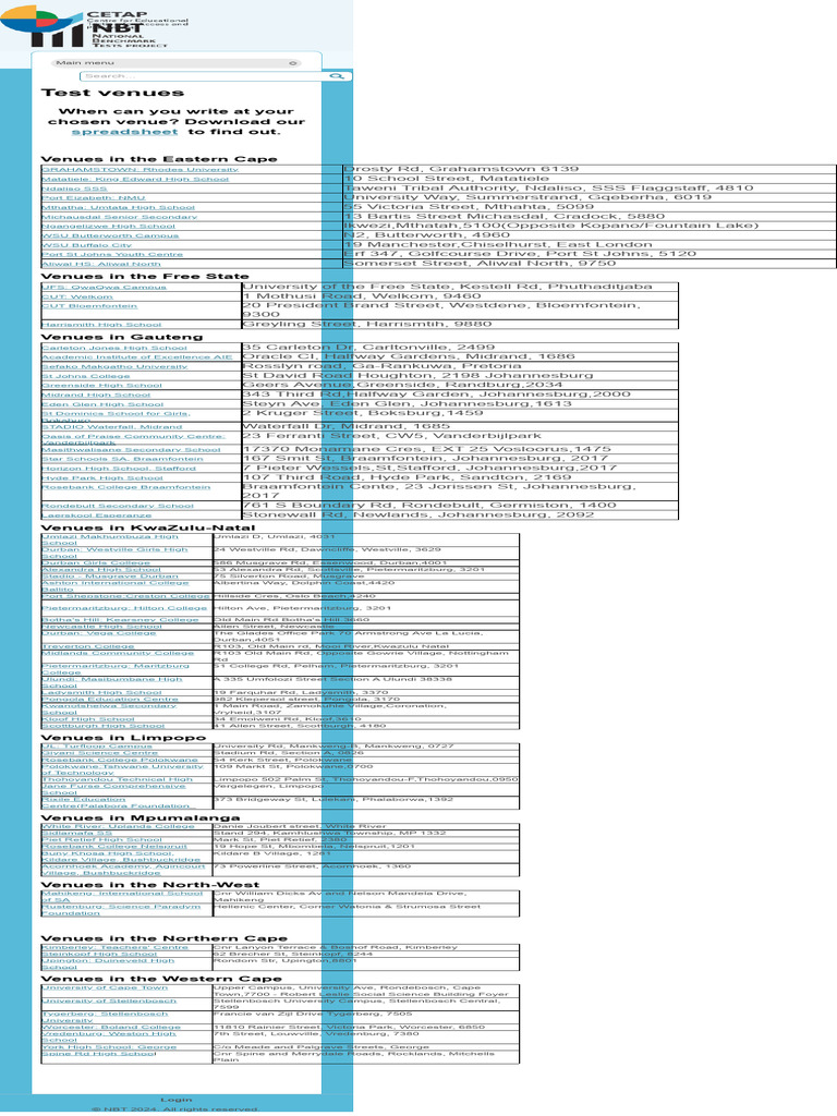 NBT Test Venues in South Africa | PDF | Schools