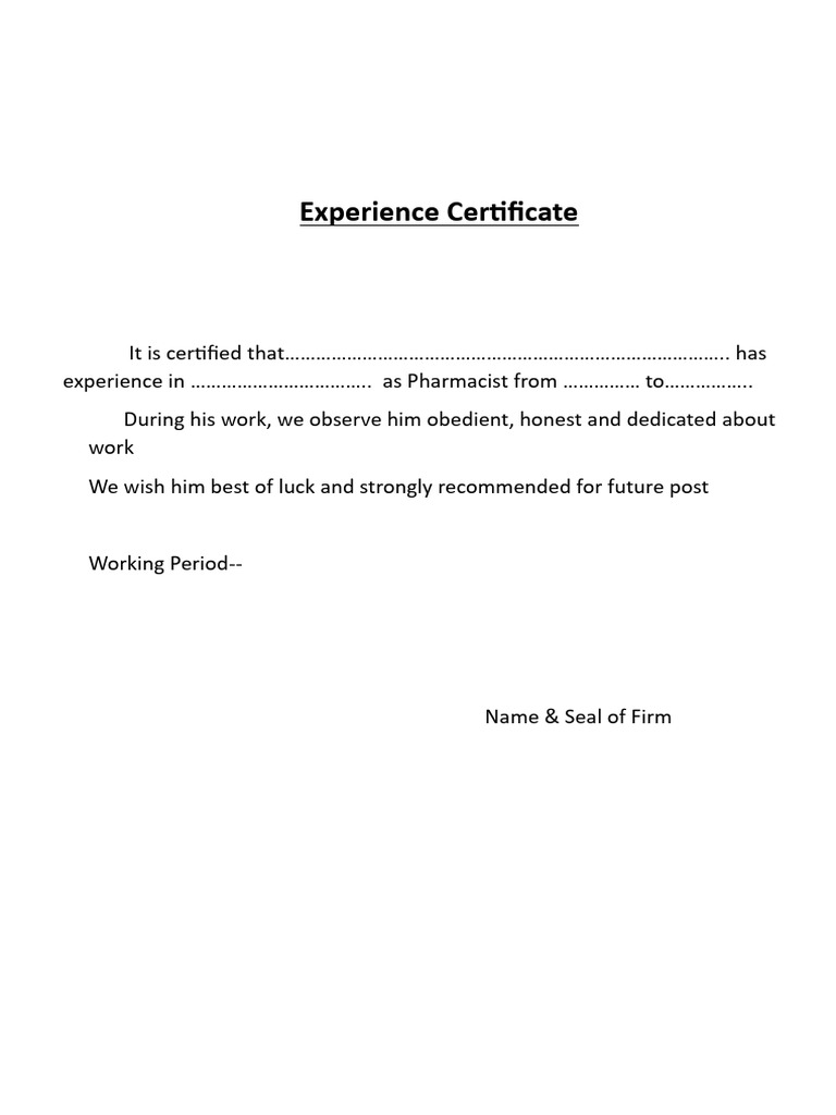 Pharmacist Experience Certificate Template | PDF