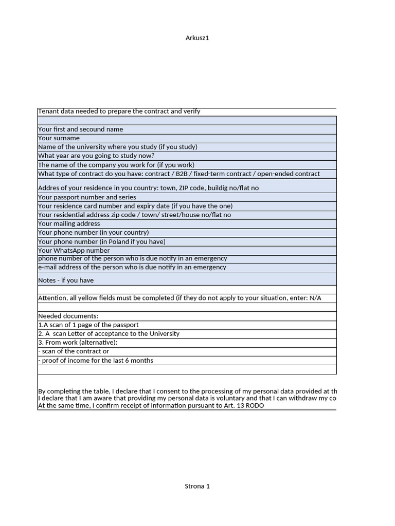 Filled A Tenant Data Needed To Prepare The Contract and Verify | PDF