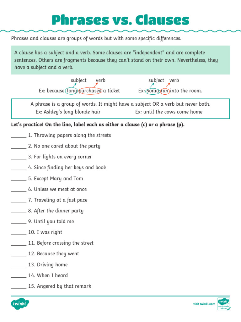 Color Phrases and Clauses Practice Activity | PDF