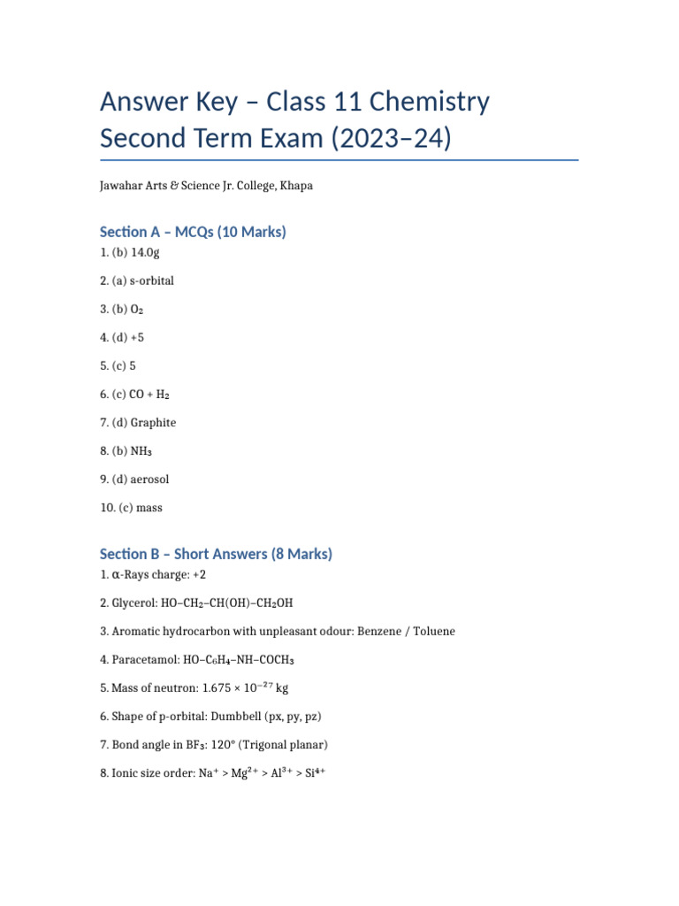 Class11 Chemistry AnswerKey | PDF