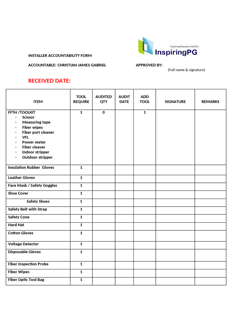 Installer Tool Accountability Form | PDF | Equipment