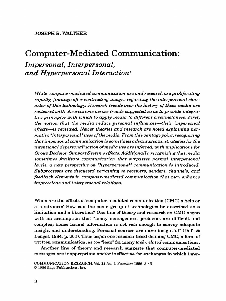 Computer-Mediated Communications Impersonal, Interpersonal, and Hyperpersonal Interaction | PDF ...