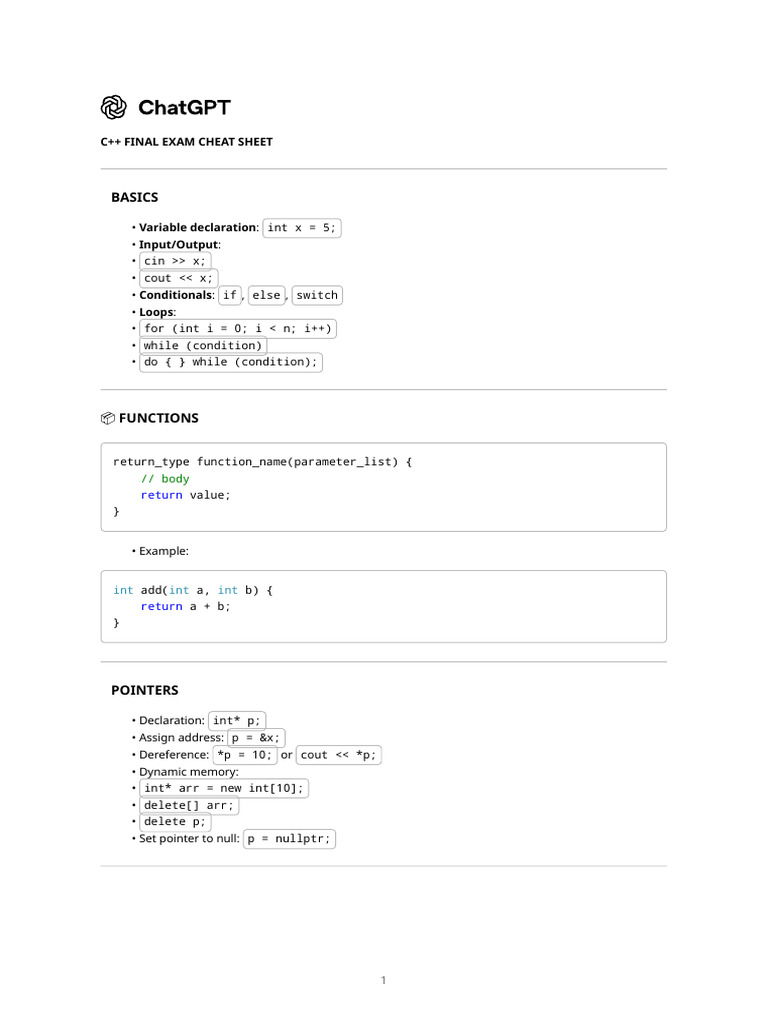 C++ Cheat Sheet | PDF