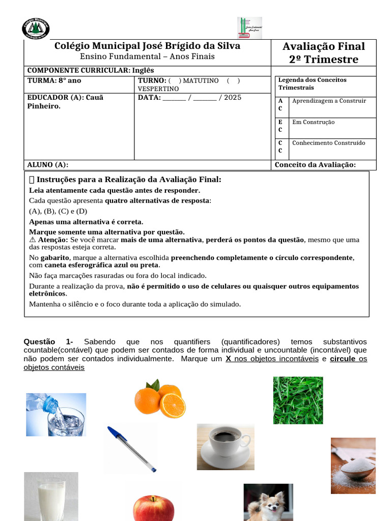 Avaliação de Inglês - 8º Ano | PDF | Famílias linguísticas