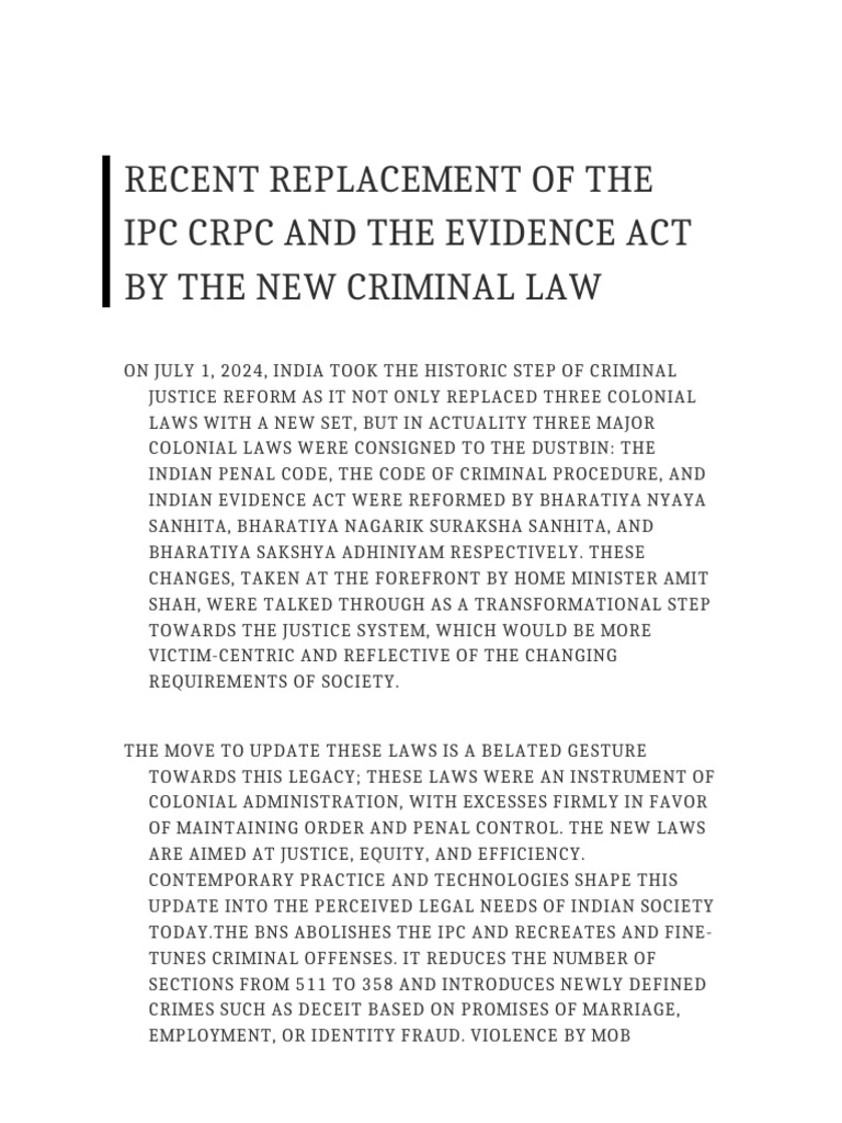 Recent Replacement of The Ipc CRPC and The Evidence Act by The New ...
