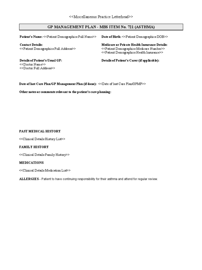 GP Management Plan - Mbs Item No. 721 (Asthma) | PDF | Asthma | General ...