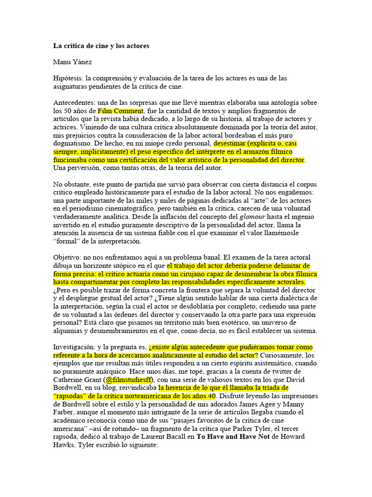 La Critica de Cine y Los Actores Por Manu Yanez | PDF