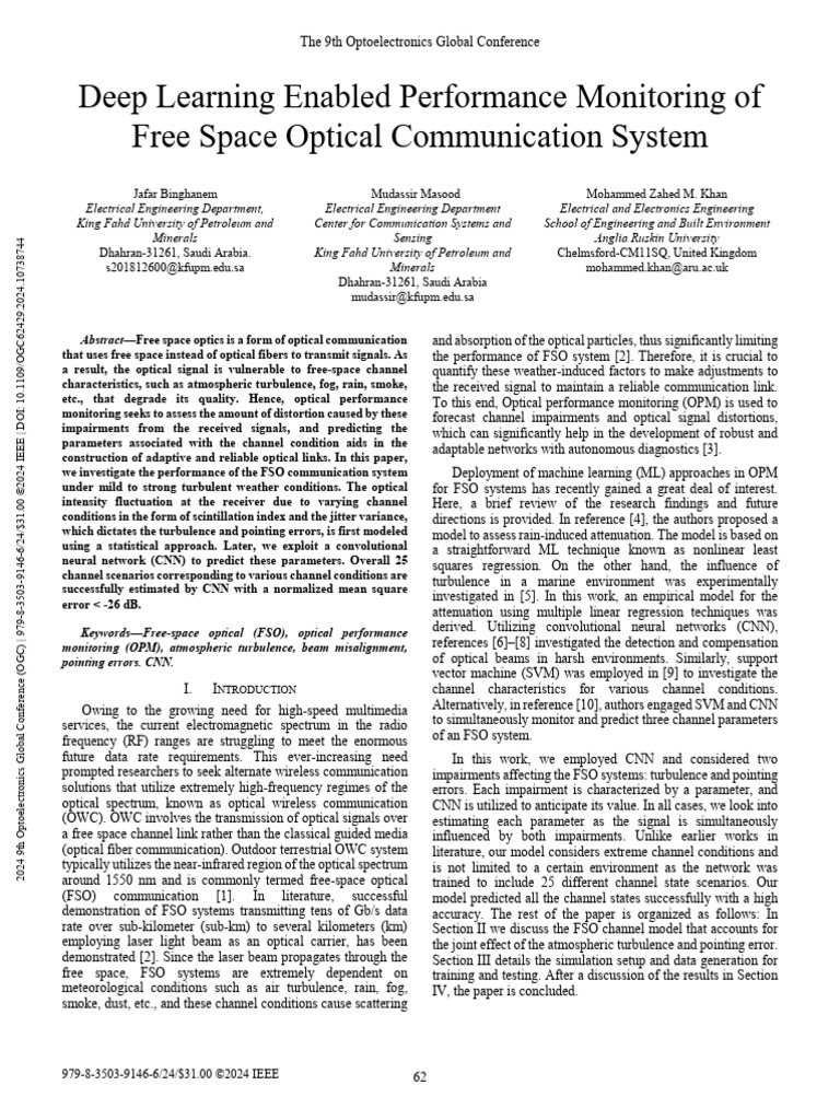Deep Learning Enabled Performance Monitoring of Free Space Optical Communication System | PDF ...