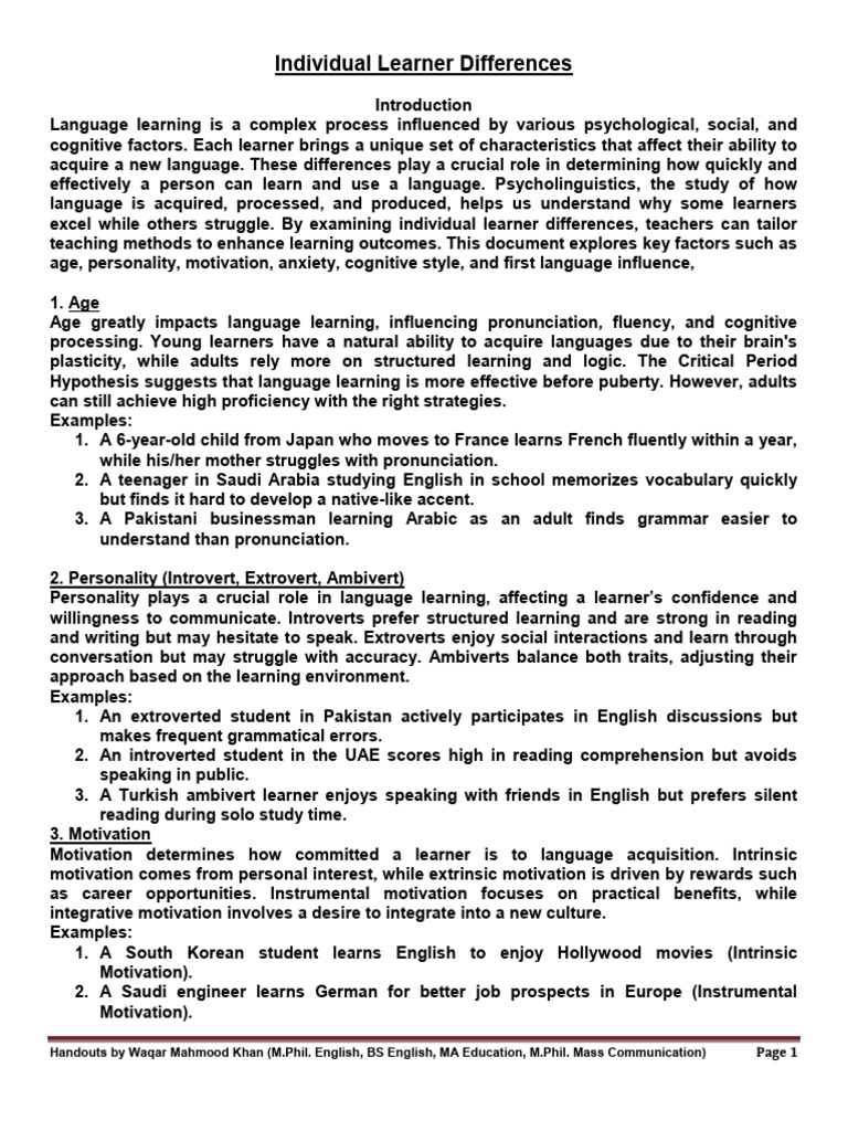 Individual Differences in Language Learning | PDF | Learning | Motivational