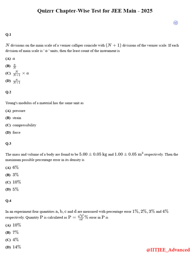 Units and Dimensions - Test 1 | PDF | Density | Physical Quantities