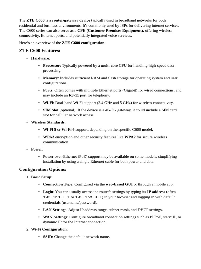 ZTE C600 Router Configuration Guide | PDF | Wi Fi | Computer Network