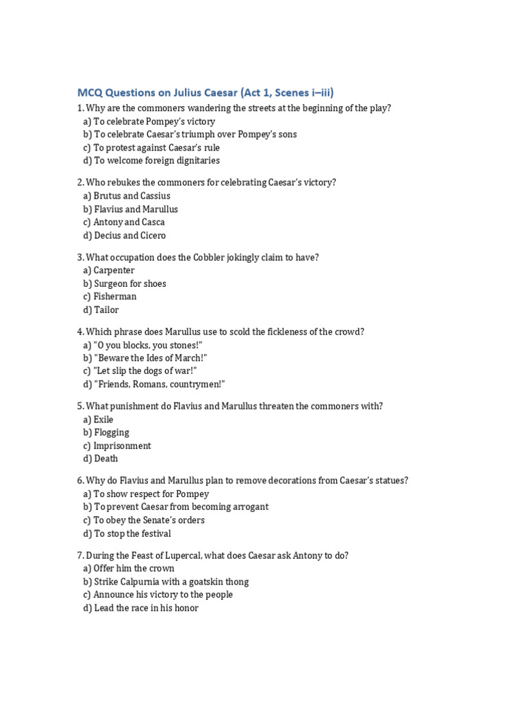 MCQs on Julius Caesar Act 1 Scenes 1-3 | PDF | Julius Caesar | Mark Antony