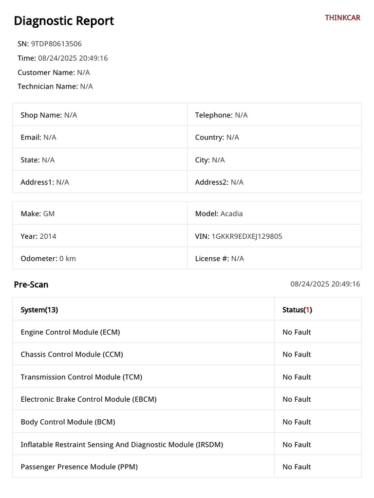 GM Pre-Scan 1GKKR9EDXEJ129805 All System Diagnostic Report ...