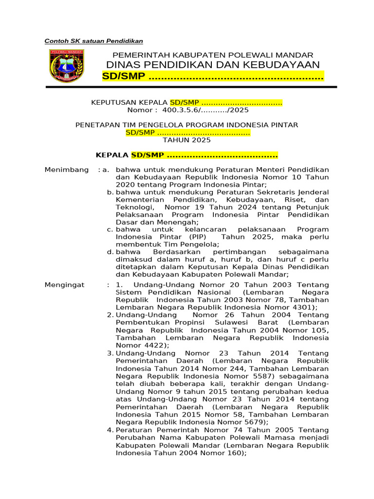 Contoh SK PIP Satuan Pendidikan 2025 | PDF