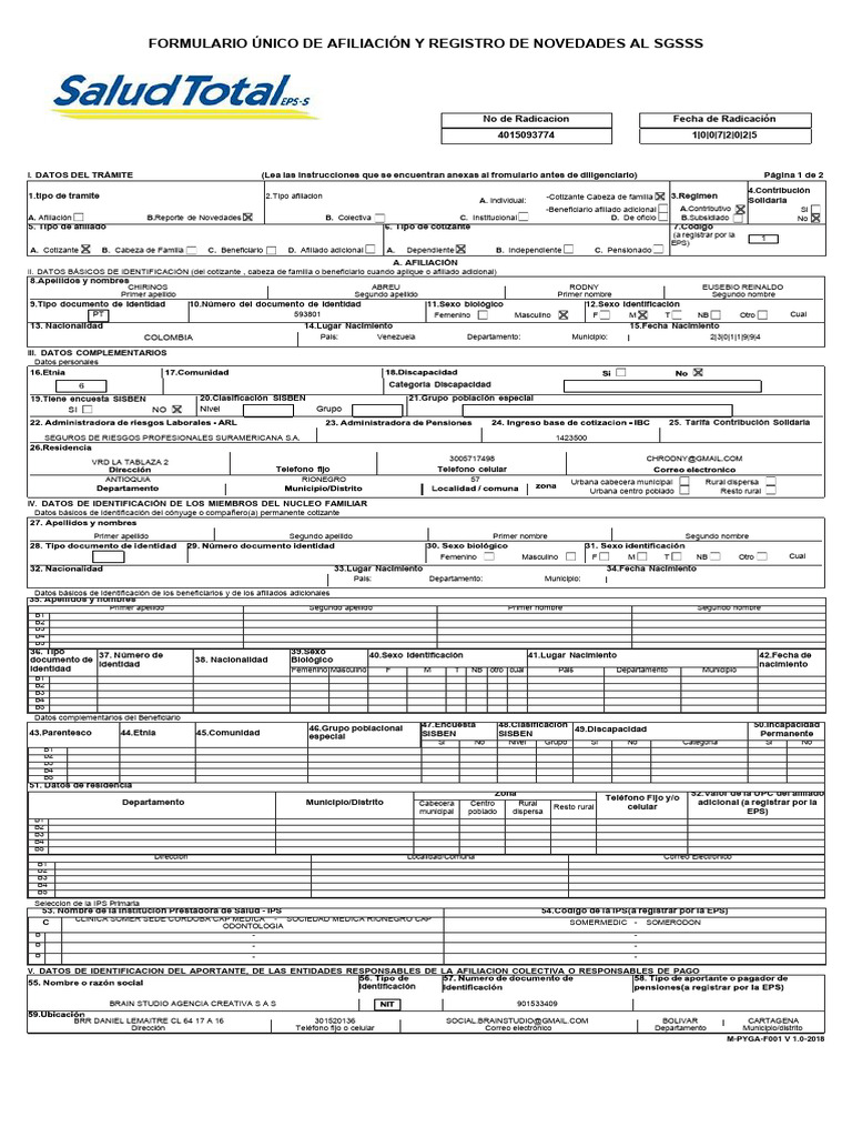 Formulario de Afiliación Salud Total 2025 | PDF