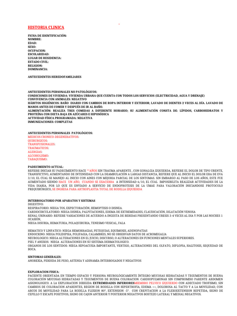 Historia Clínica de Gonartrosis Grado IV | PDF | Rodilla | Sistema ...